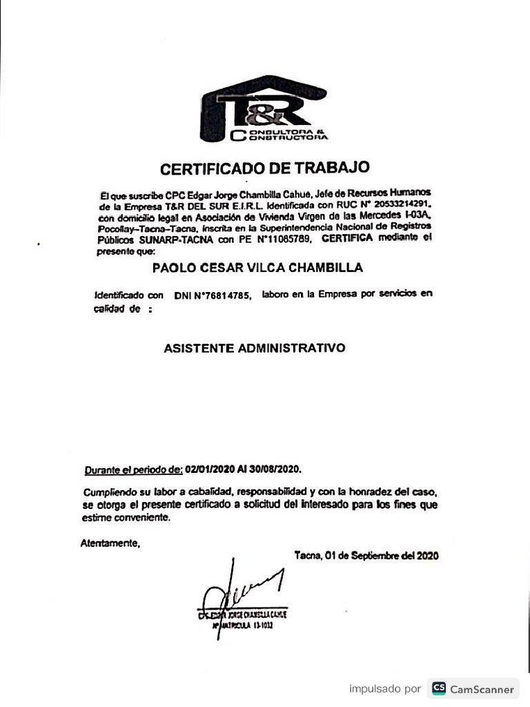 CERTIFICADO DE TRABAJO-CONSTRUCTORA | PDF