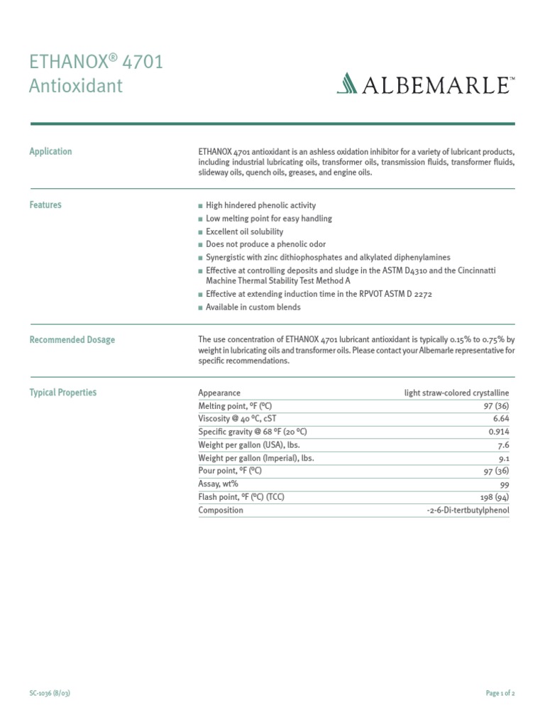 Ethanox 4701 | PDF | Lubricant | Motor Oil