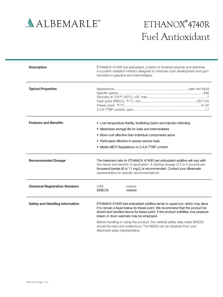 Ethanox - 4740R - Fuel | PDF | Viscosity | Freezing