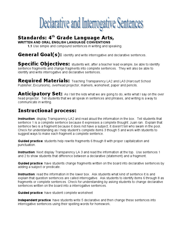 Declarative and Interrogative Lesson | PDF | Sentence (Linguistics ...
