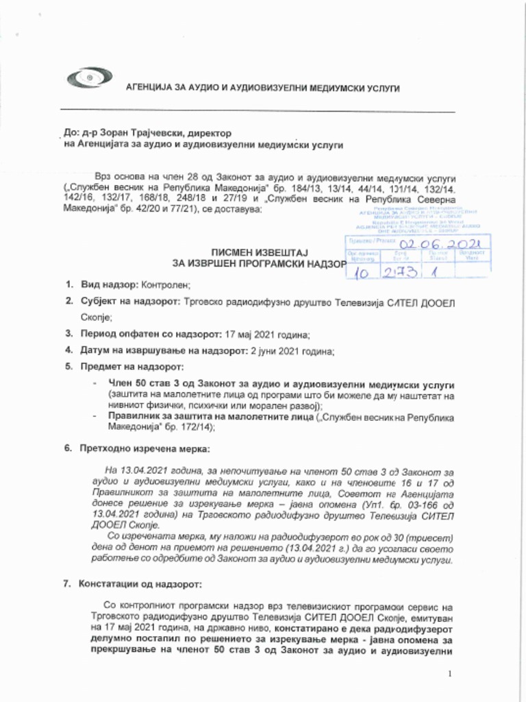 Pismen Izvestaj Za Izvrsen Programski Nadzor Kontrolen Na TV Sitel Skopje | PDF