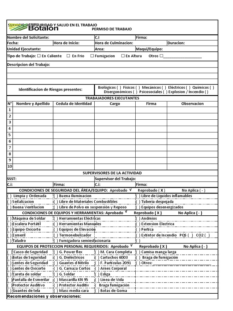 Formato de Permisos de Trabajo | Descargar gratis PDF | Equipo