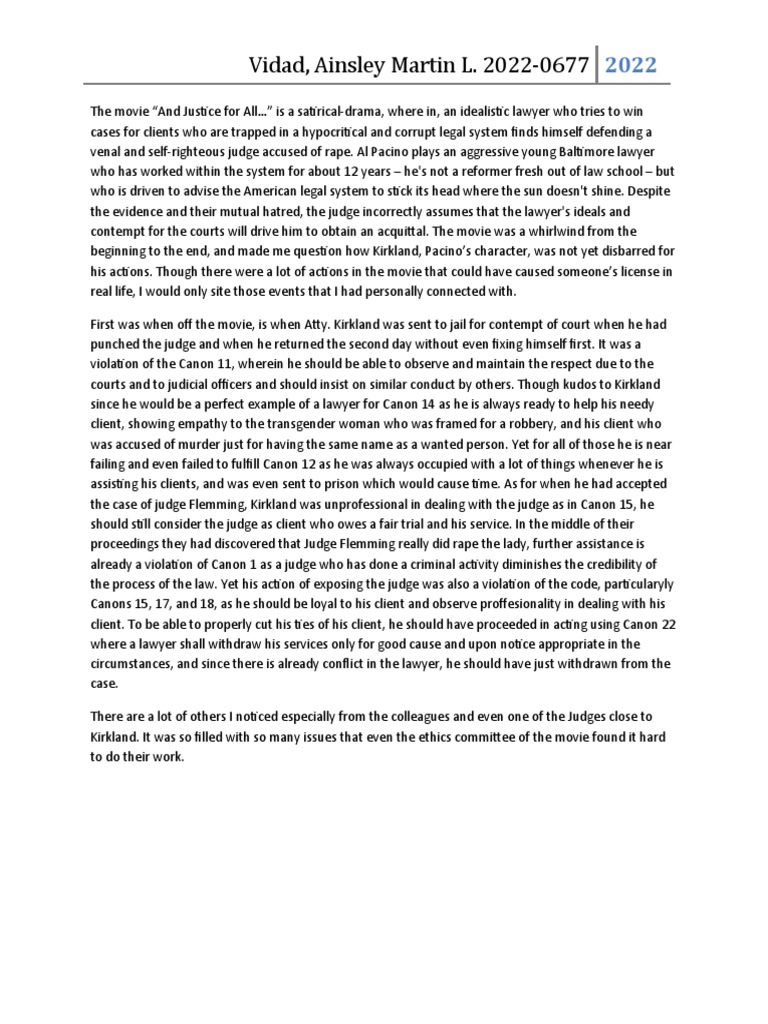 Ethics Vidad Reflection Paper | PDF | Lawyer | Criminal Law