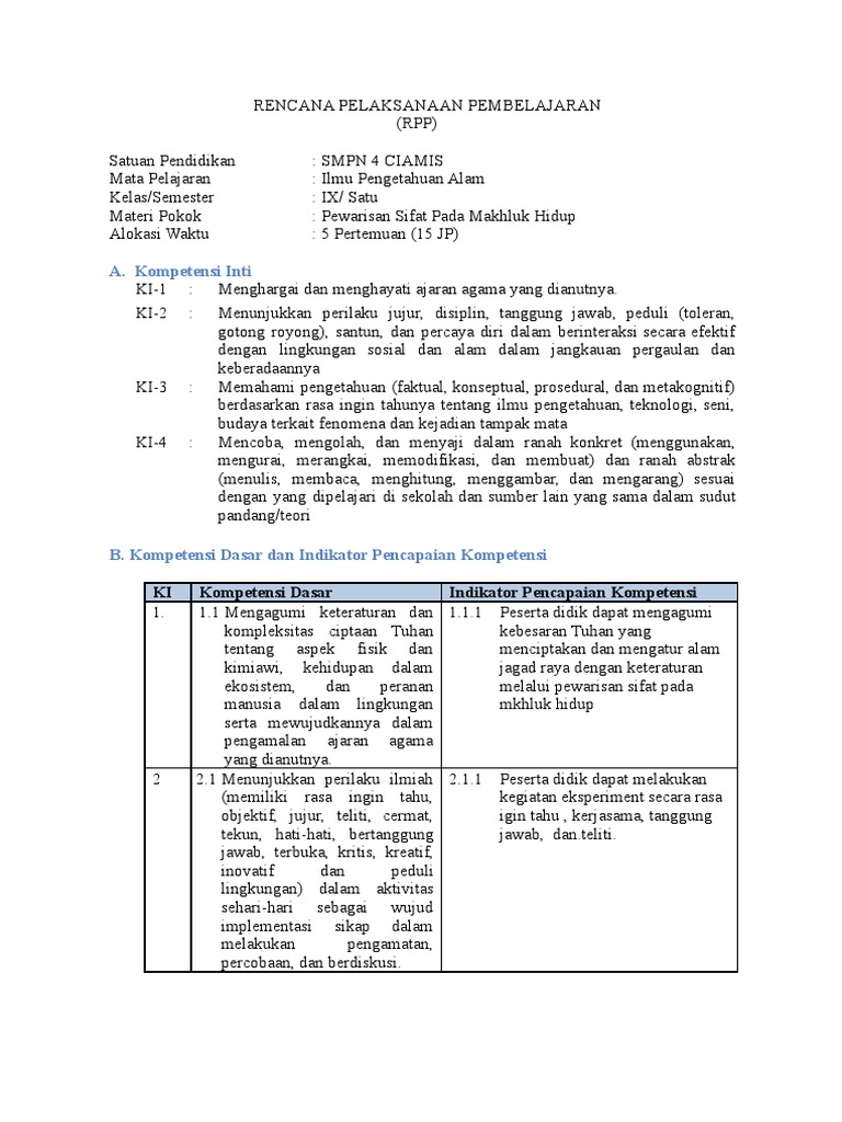 RPP IPA K9 - Bab 3 Pewarisan Sifat Makhluk Hidup | PDF | Sains & Matematika