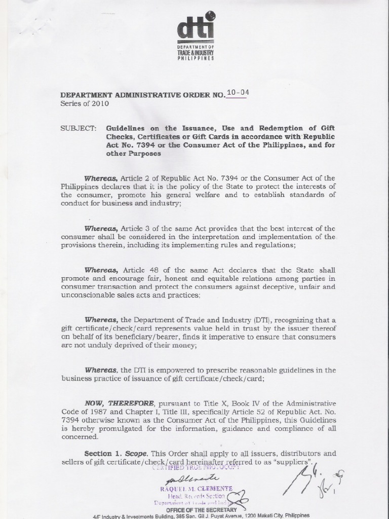 Guidelines On The Issuance, Use, Redemption of Gift Check, Certificates ...