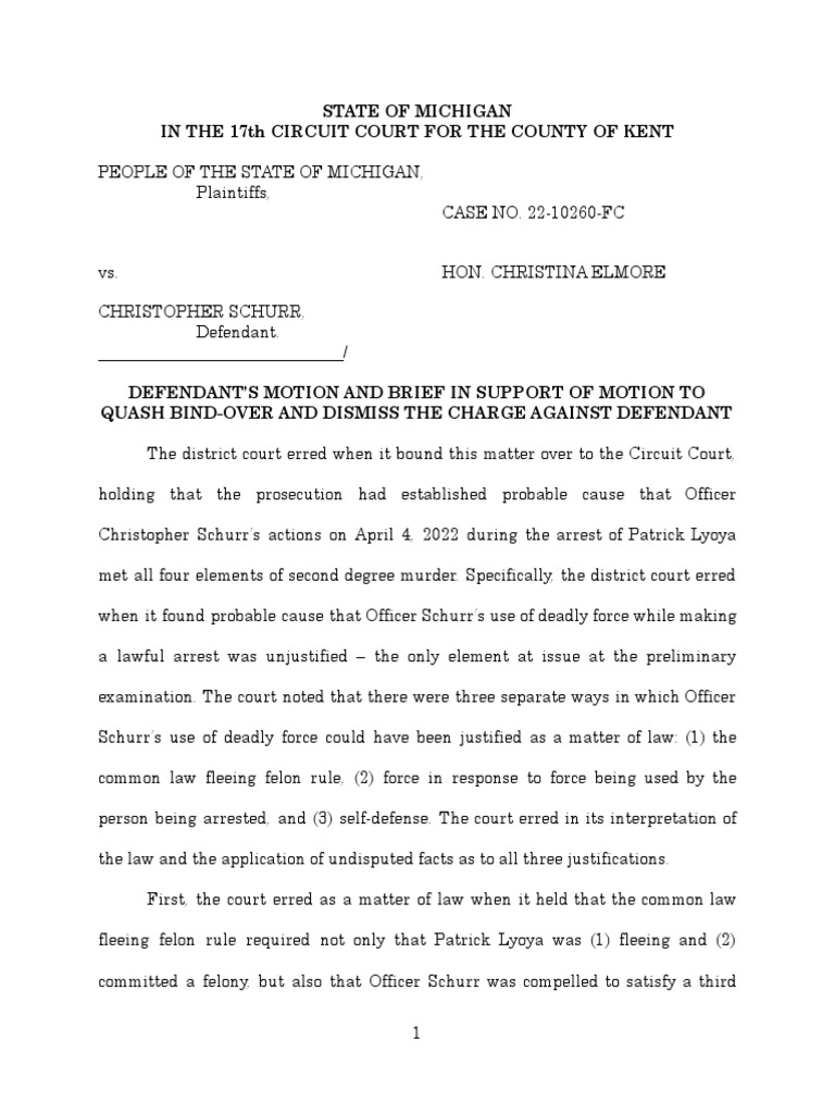 Schurr - Motion To Quash | PDF | Felony | Deadly Force