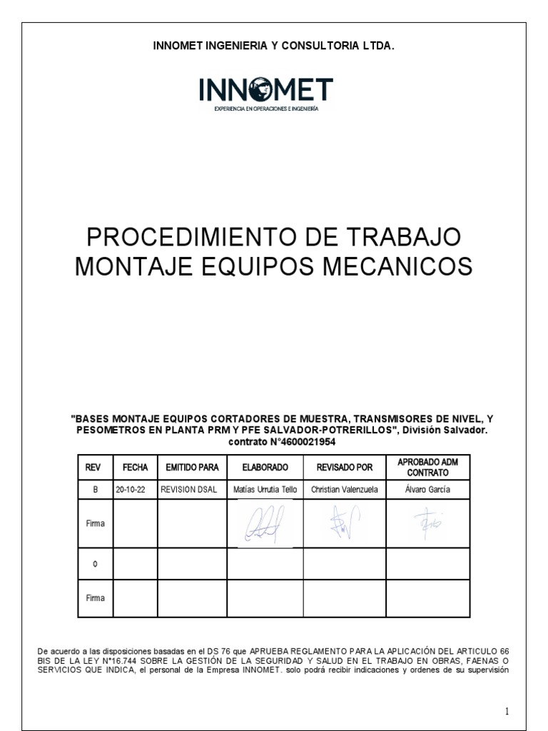 Procedimiento Montaje Equipos Mecanicos | PDF | Seguridad y salud ...