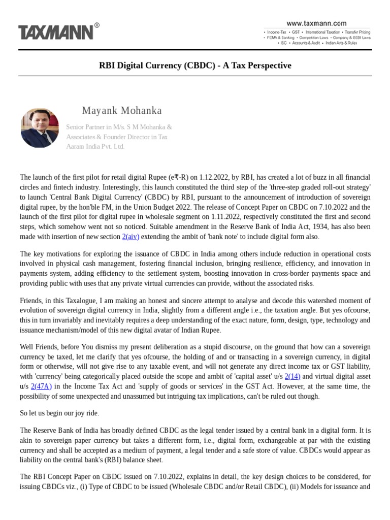 RBI Digital Currency (CBDC) - A Tax Perspective RBI Digital Currency ...