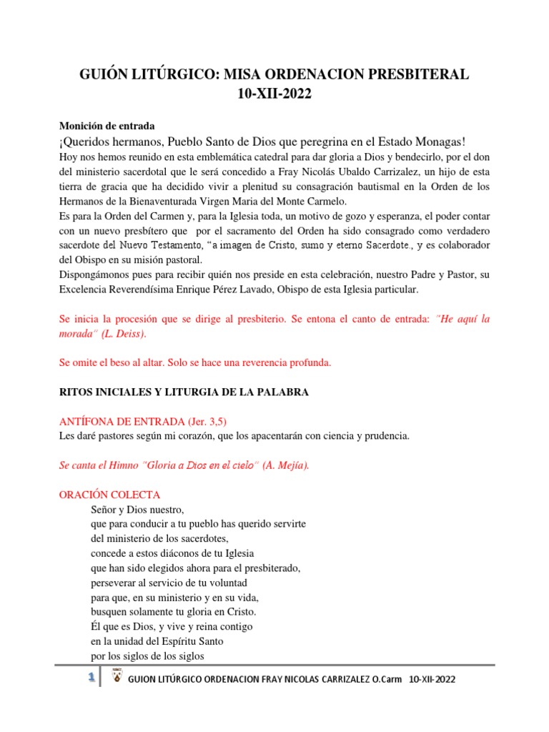 Guión Liturgico Misa Ordenacion Presbiteral 2022 Def | PDF | Misa ...