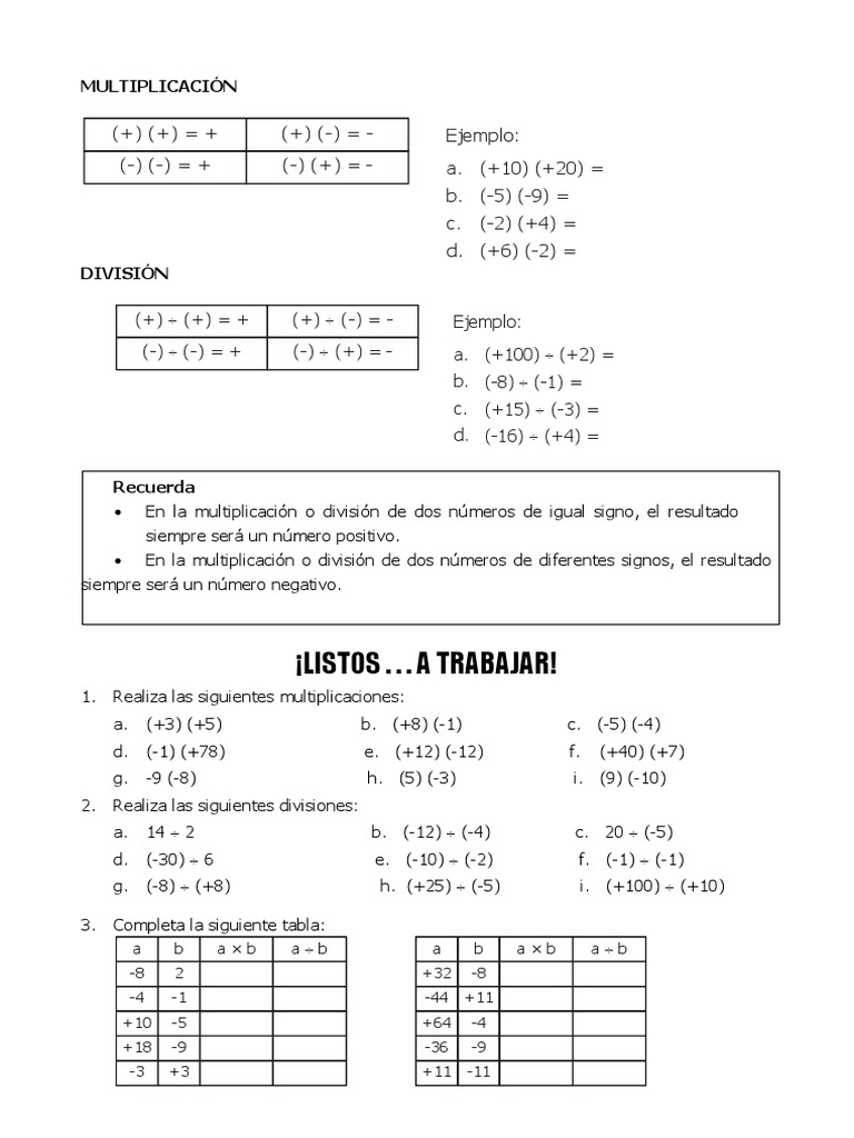 Multiplicación y División de Números Enteros | PDF | Multiplicación ...