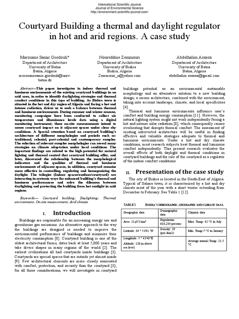 Courtyard Building A Thermal and Daylight Regulator in Hot and Arid Regions. A Case Study ...