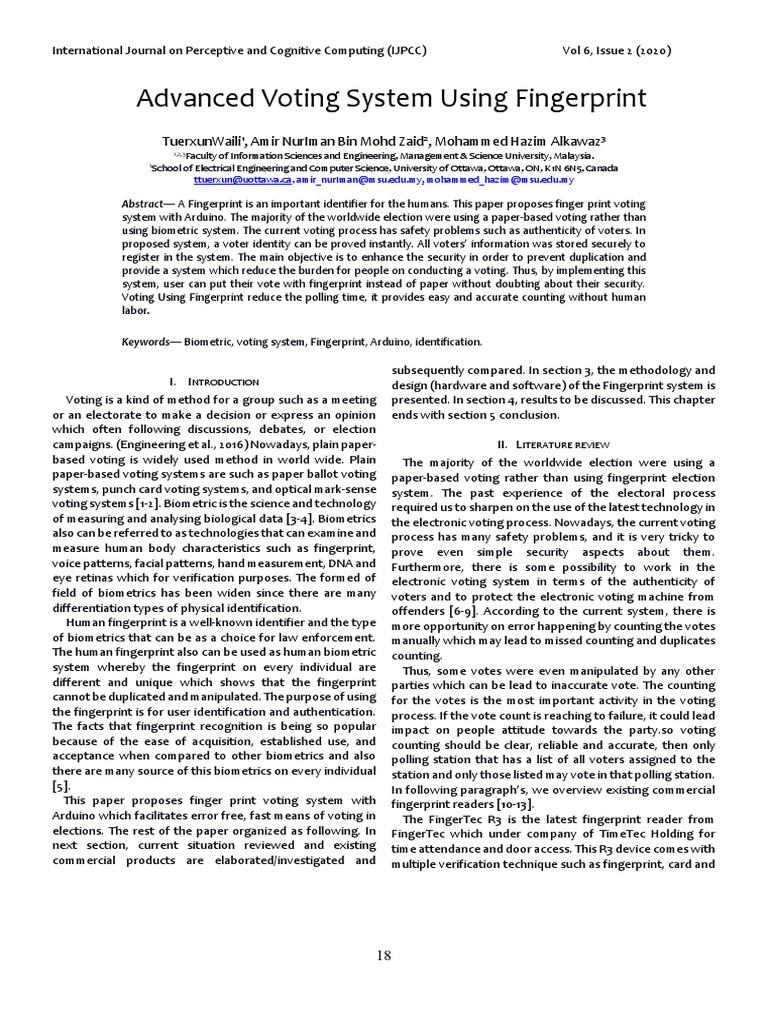 Advanced Voting System Using Fingerprint: Tuerxunwaili, Amir Nuriman Bin Mohd Zaid, Mohammed ...