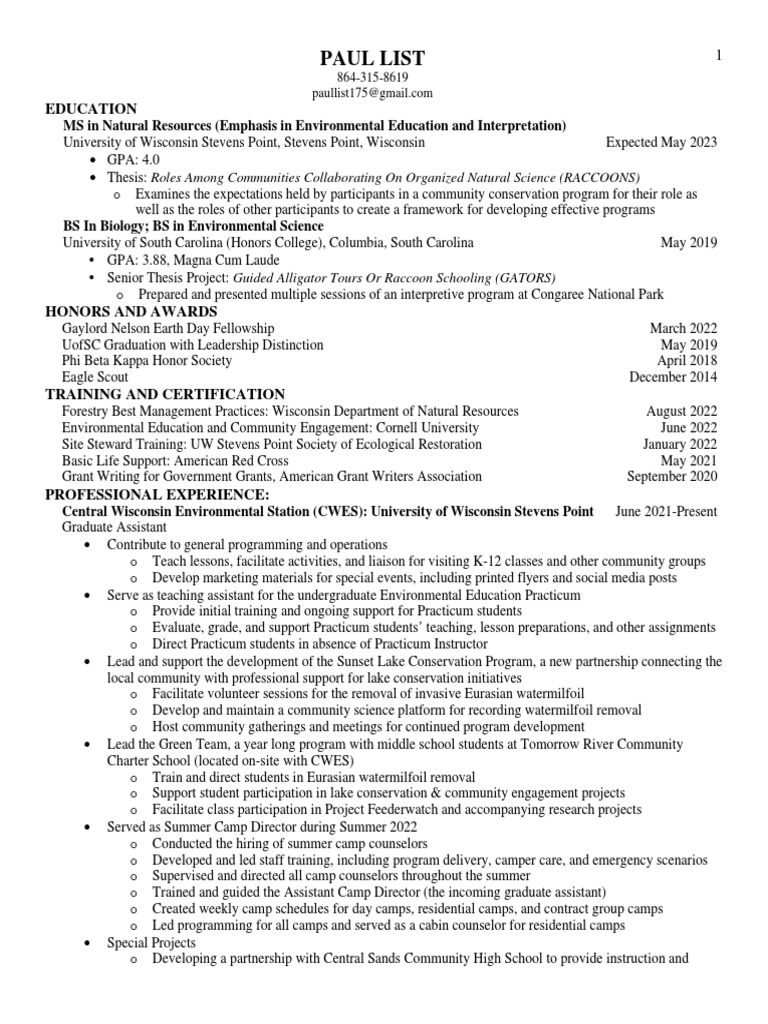 Paul List Resume | PDF | Natural Environment