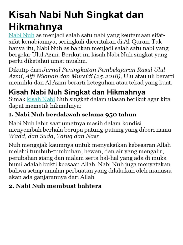 Kisah Nabi Nuh Singkat Dan Hikmahnya | PDF