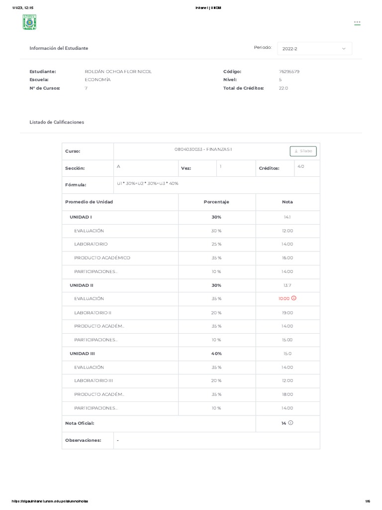Intranet - UNSM - Boleta de Notas | PDF