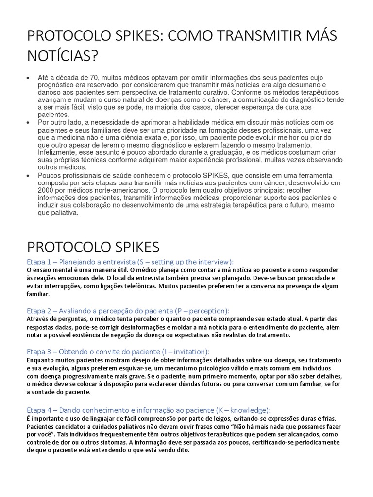 Protocolo Spikes - Como Transmitir Mas Noticias | PDF | Câncer | Cuidado paliativo