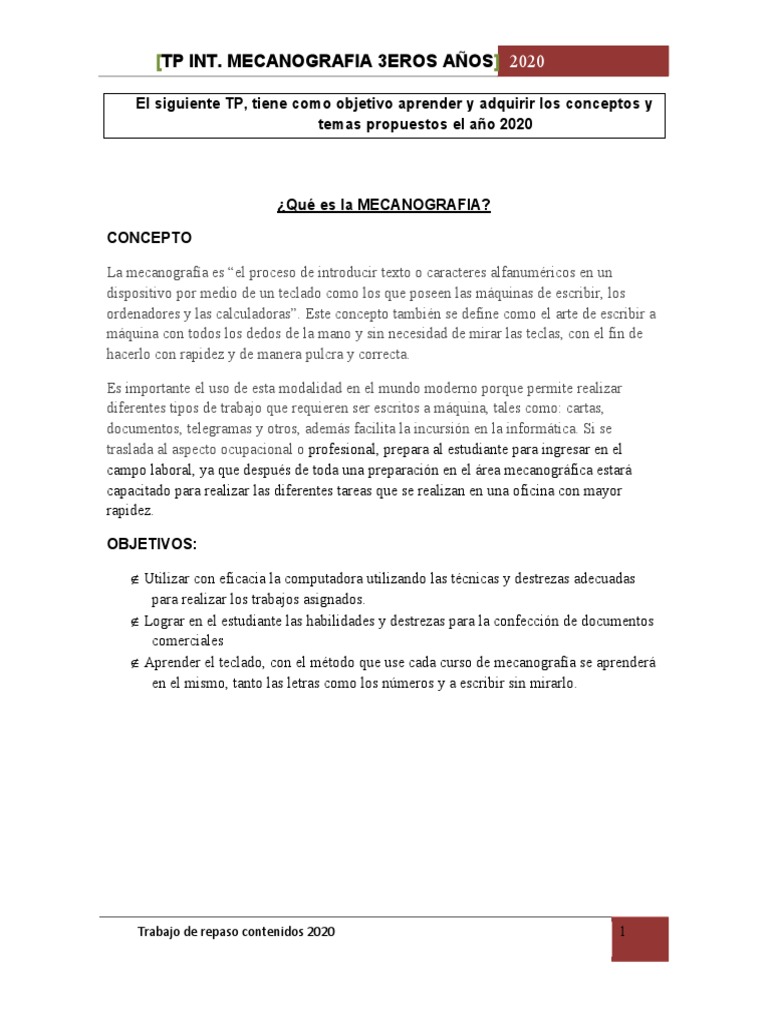 TP Integrador de Repaso Contenidos 2020 - Mecanografia | PDF | Mano | Sistema musculoesquelético
