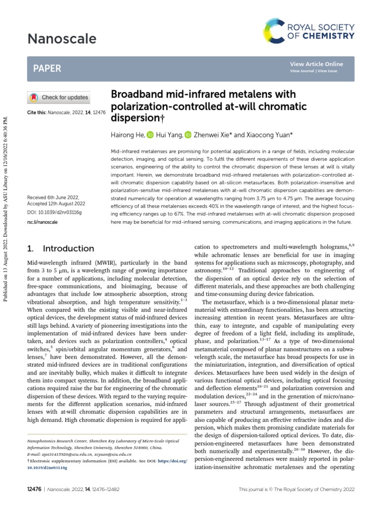 Nanoscale: Broadband Mid-Infrared Metalens With Polarization-Controlled At-Will Chromatic ...