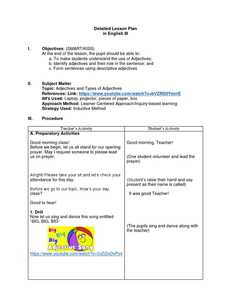 Lesson Plan on Adjectives for Primary 4 | PDF | Noun | Adjective