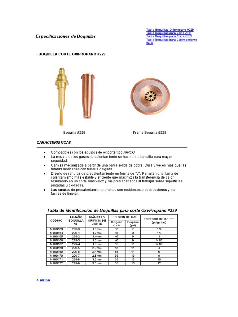 Especificaciones de Boquillas - OXICORTE | PDF | Cobre | Gases