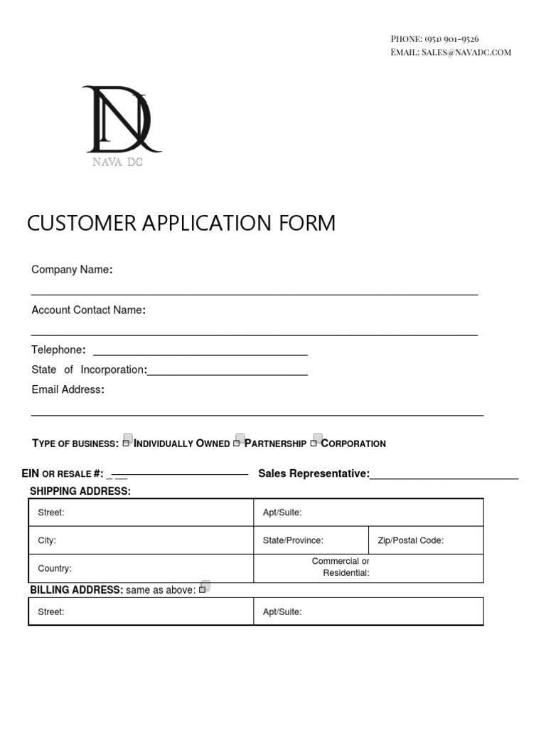 NAVA DC Customer Application Form | PDF | Zip Code | Merchandising