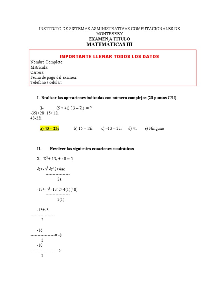 Examen A Titulo de Matematicas Iii | PDF