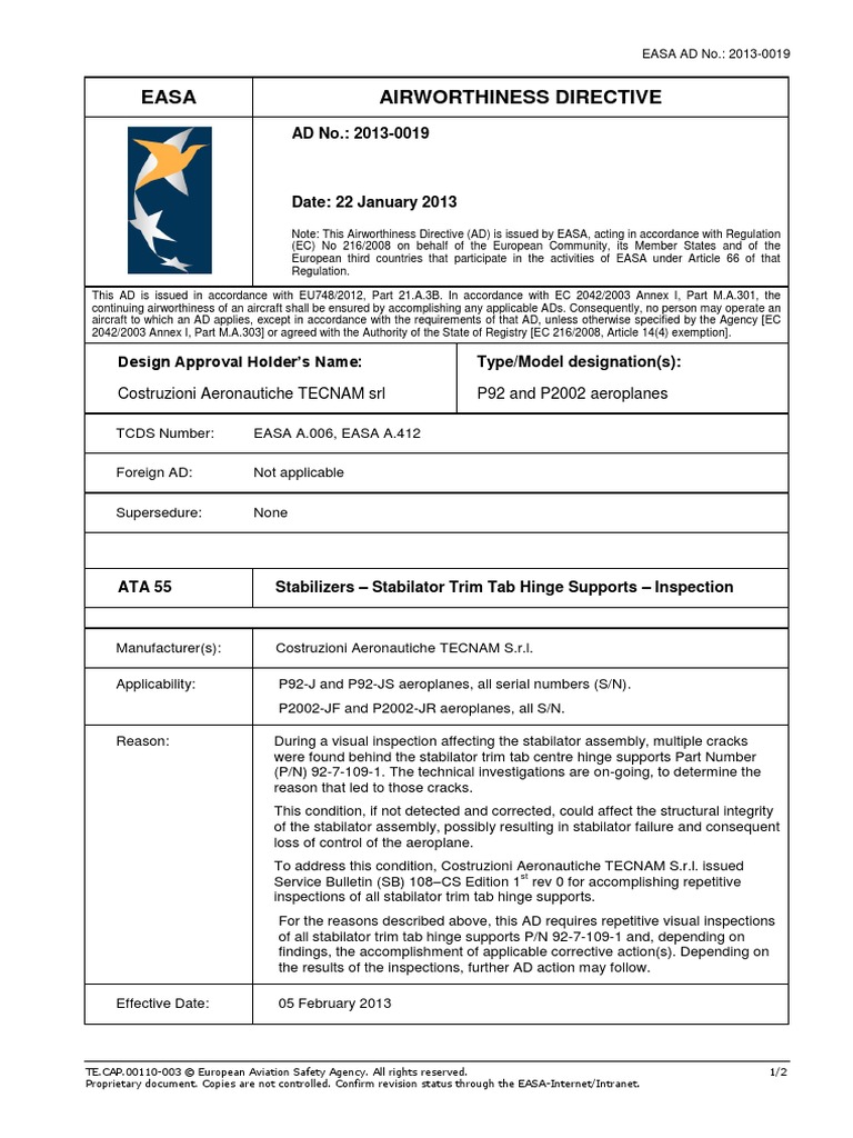 Easa Ad 2013-0019 1 | PDF | Aviation | Government