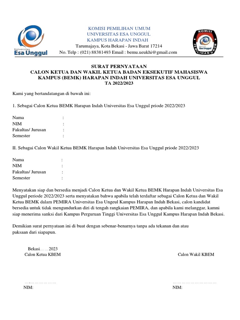 Surat Pernyataan PEMIRA 2023 | PDF