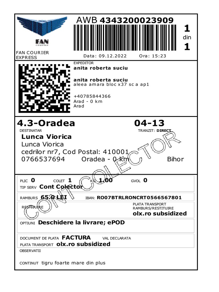 AWB 4343200023909 fan courier express document | PDF