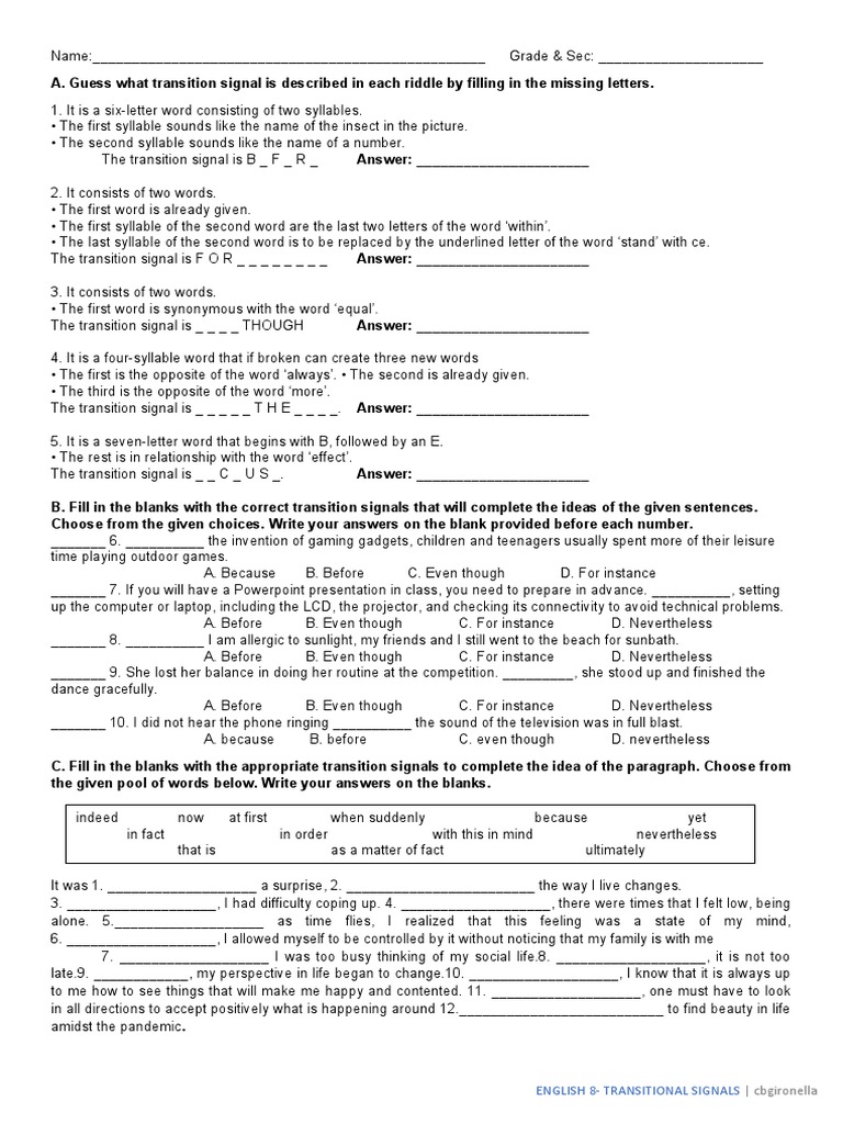Activity English 8 On Transitional Signals | Download Free PDF ...