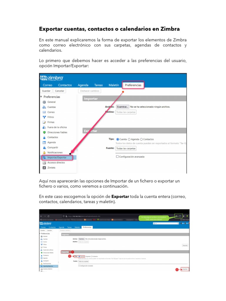 Exportar datos en Zimbra: Guía rápida | PDF | Informática