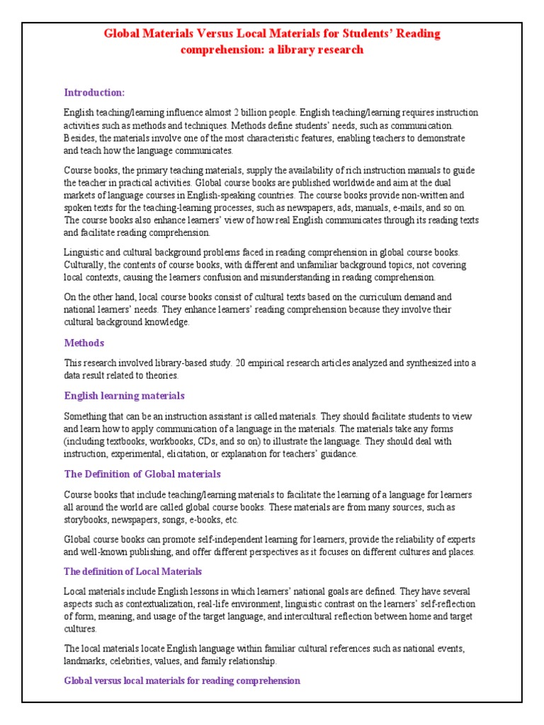 Global Materials Versus Local Materials For Students' Reading ...