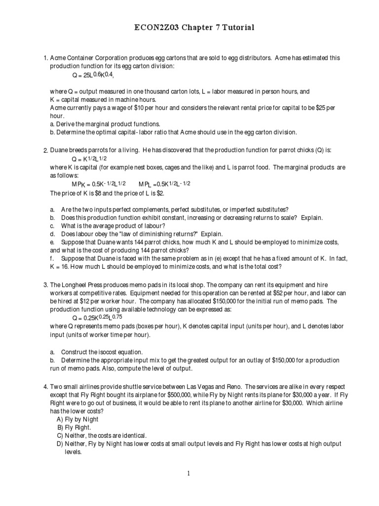 Econ2Z03 Ch07 Tutorial With Solution | PDF | Production Function ...