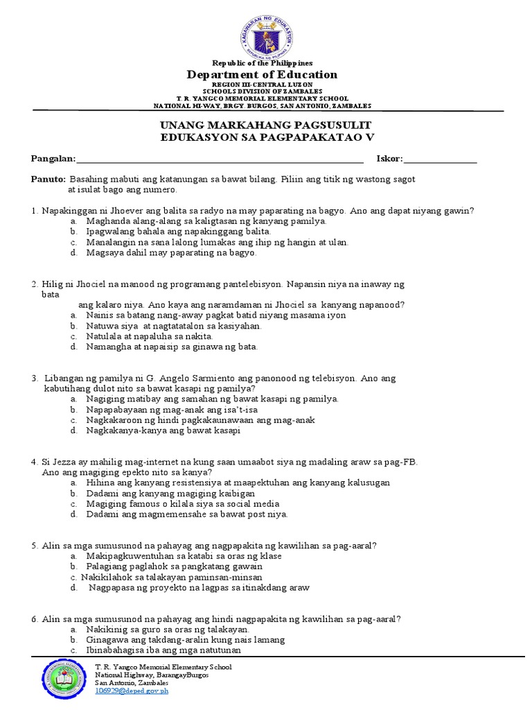 Dll Matatag Grade 6 Q1 Periodical Test 5 Ets 2018 Key