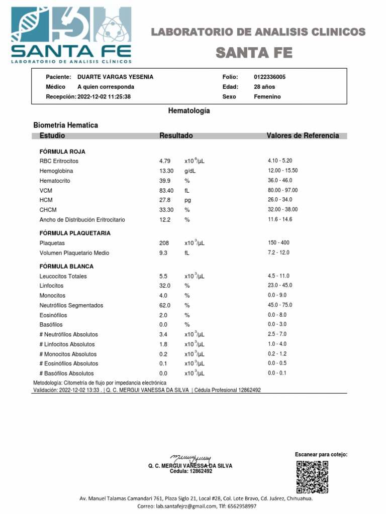 Hematología Biometria Hematica Estudio Resultado Valores de Referencia | PDF | Tipo de sangre ...