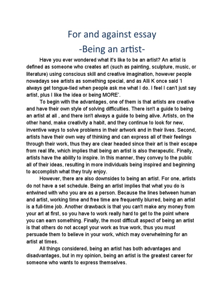 For and Against Essay Being An Artist | PDF