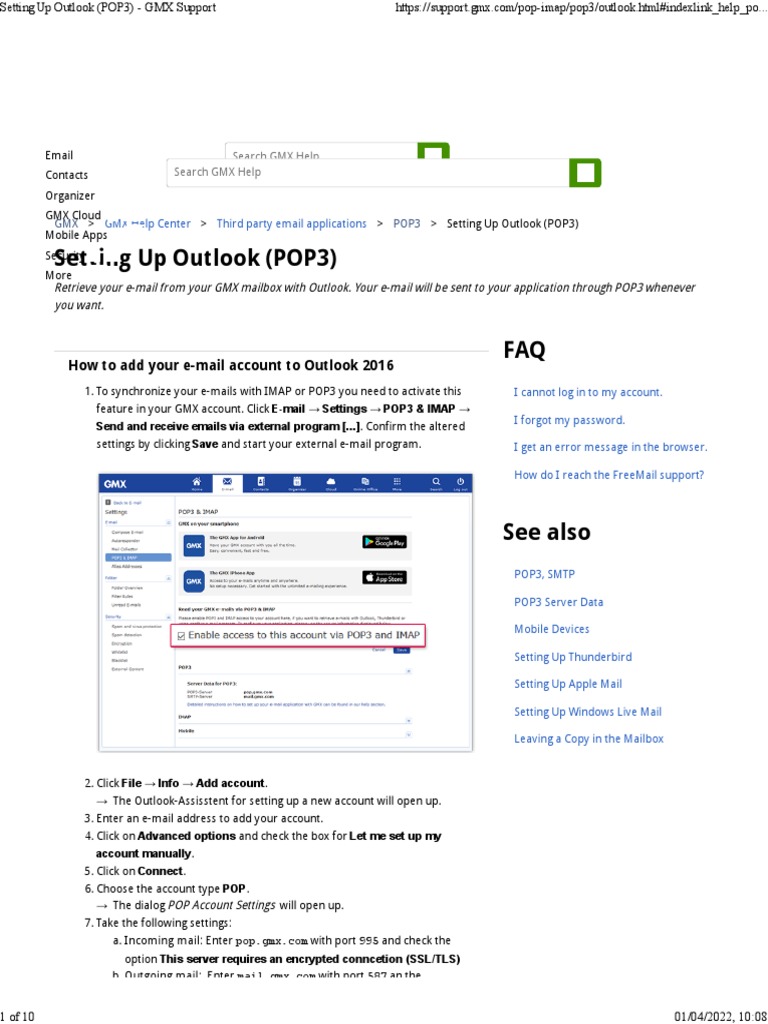 Setting Up Outlook (POP3) - GMX Support | PDF | Microsoft Outlook | Software