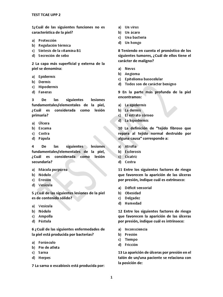 Test Upp 2 Tcae Alumno | PDF | Piel | Medicina CLINICA