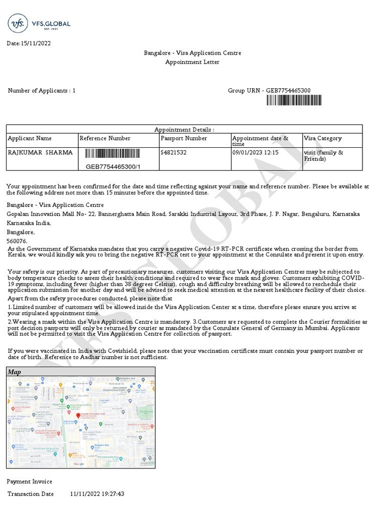 VFS Global Visa Appointment Confirmation | PDF | Travel Visa ...