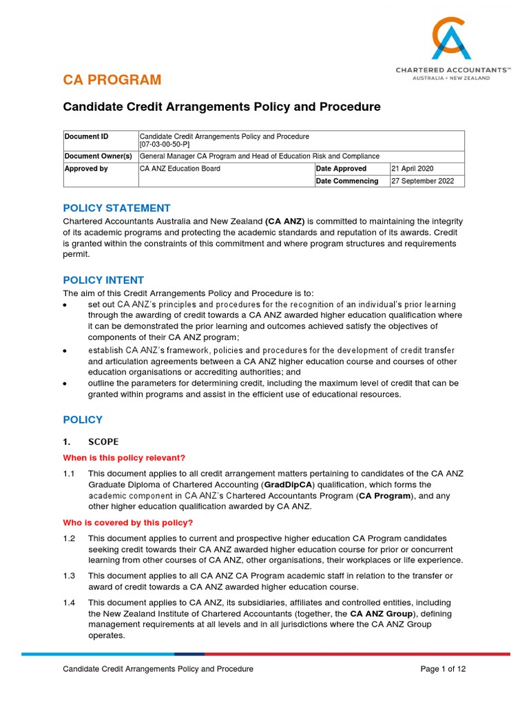 CA ANZ Candidate Credit Policy | PDF | Policy | Learning