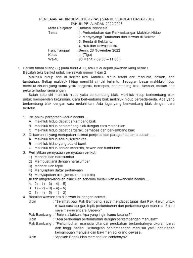 PAS GANJIL Bhs. INDONESIA Kls. 3 | PDF | Kajian Bahasa Asing | Kesehatan Holistik