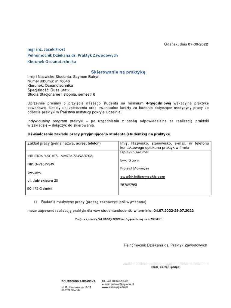 Skierowanie Na Praktyke - OCEANOTECHNIKA | PDF