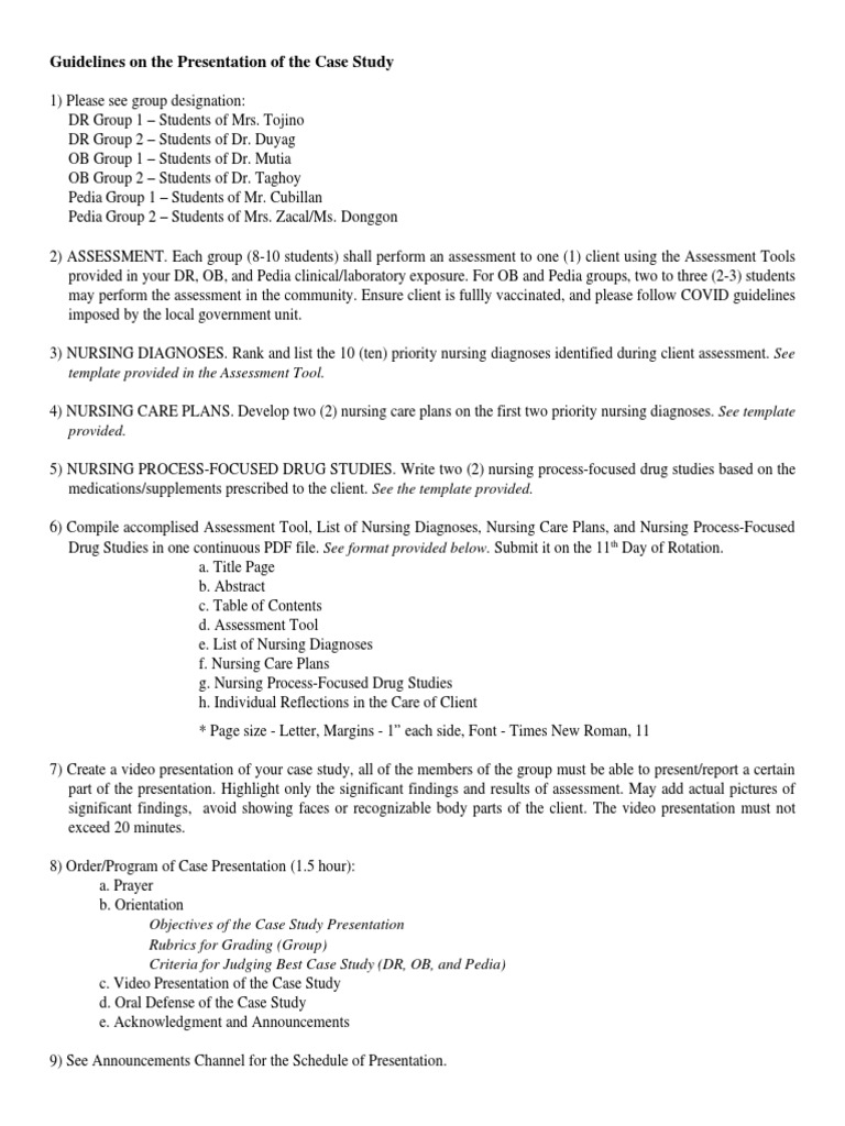 NCM 109L Guidelines On Presentation of The Case Study | PDF | Nursing | Social Programs