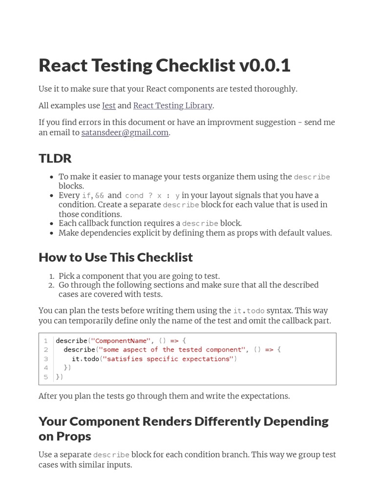 React Testing Checklist | PDF | Computer Programming | Systems Engineering