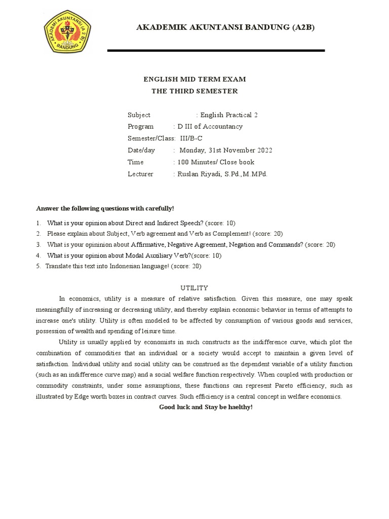 SOAL ENGLISH PRACTICAL 2 UTS SMT 3 A2B A-B 2022 | PDF | Career & Growth