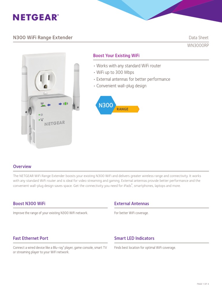 Netgear WN3000RPv3.datasheet | PDF | Wi Fi | Ieee 802.11