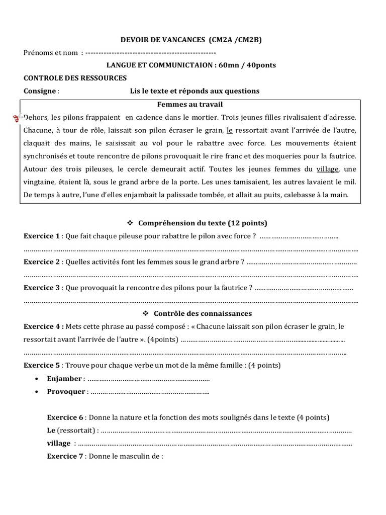 Devoir de vacances CM2 : Langue et Sciences | PDF | Jeux et activités