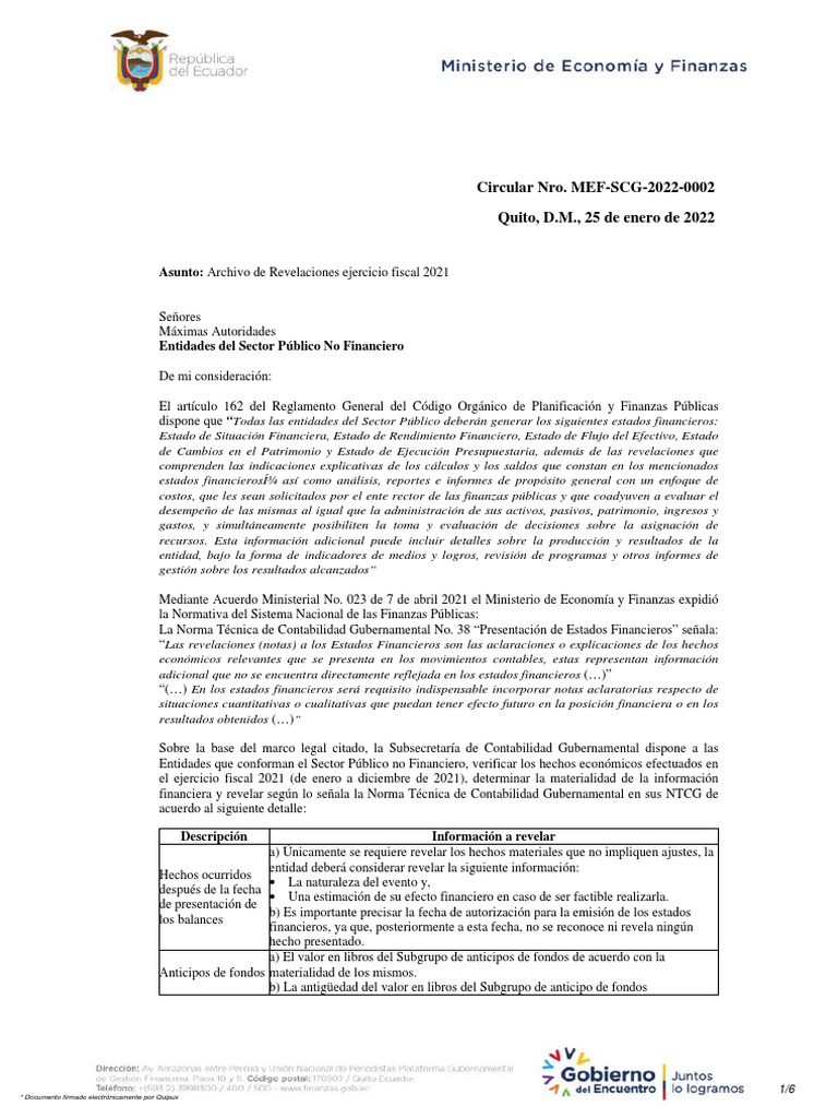 Circular Nro. MEF-SCG-2022-0002-REVELACIONES | PDF | Contabilidad ...