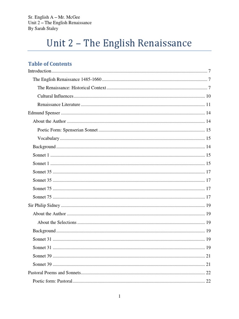 Unit 2 - The English Renaissance | PDF | Sonnets | Edmund Spenser