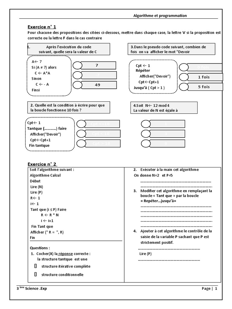 Exercices corrigés sur les algorithmes 3ème | PDF | Structure de ...
